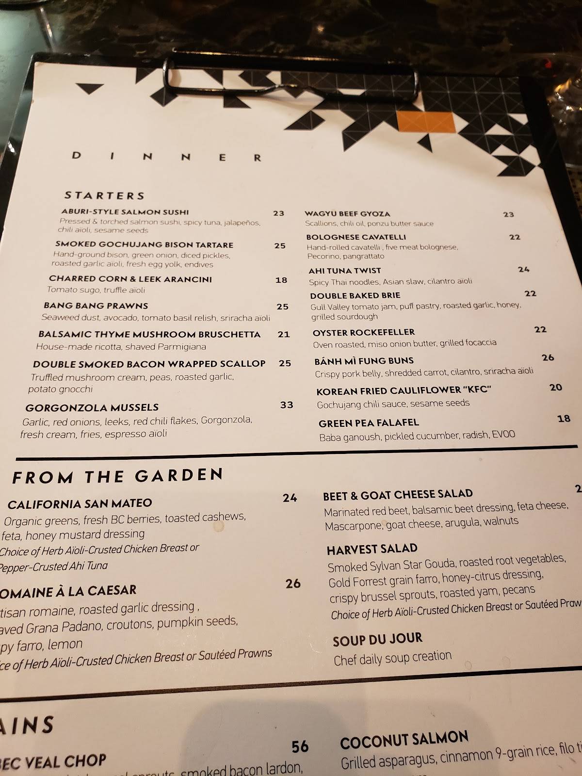 Menu at XIX Nineteen restaurant, Edmonton, Mullen Way