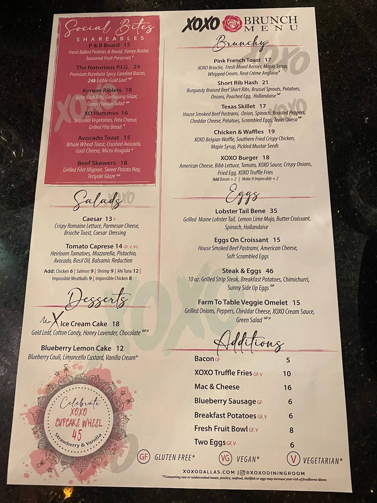 Menu at XOXO Dining Room restaurant, Dallas