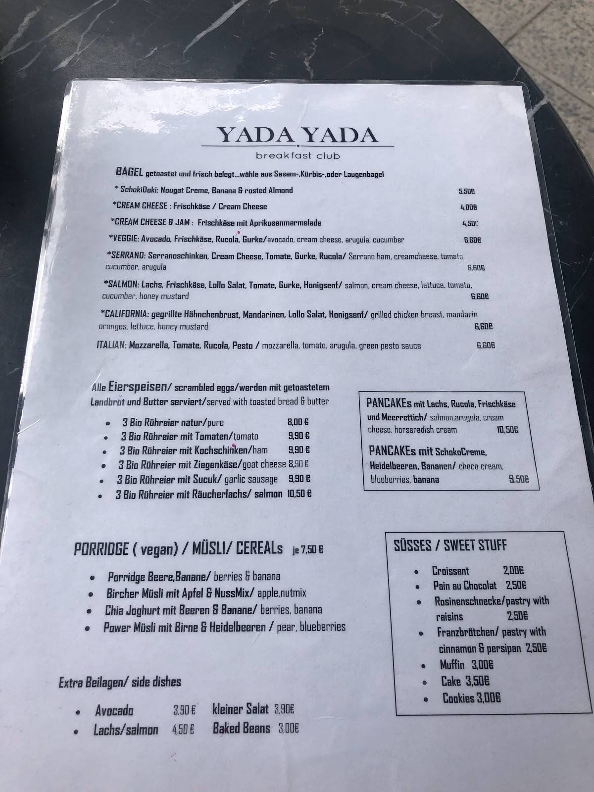 Speisekarte von YADA YADA "breakfast club", Berlin