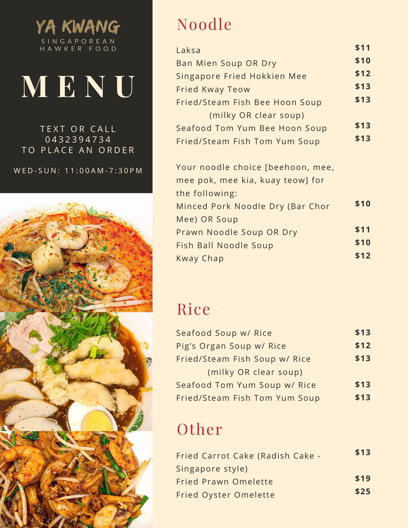 Menu at Ya Kwang Singapore Hawker, Thornlie