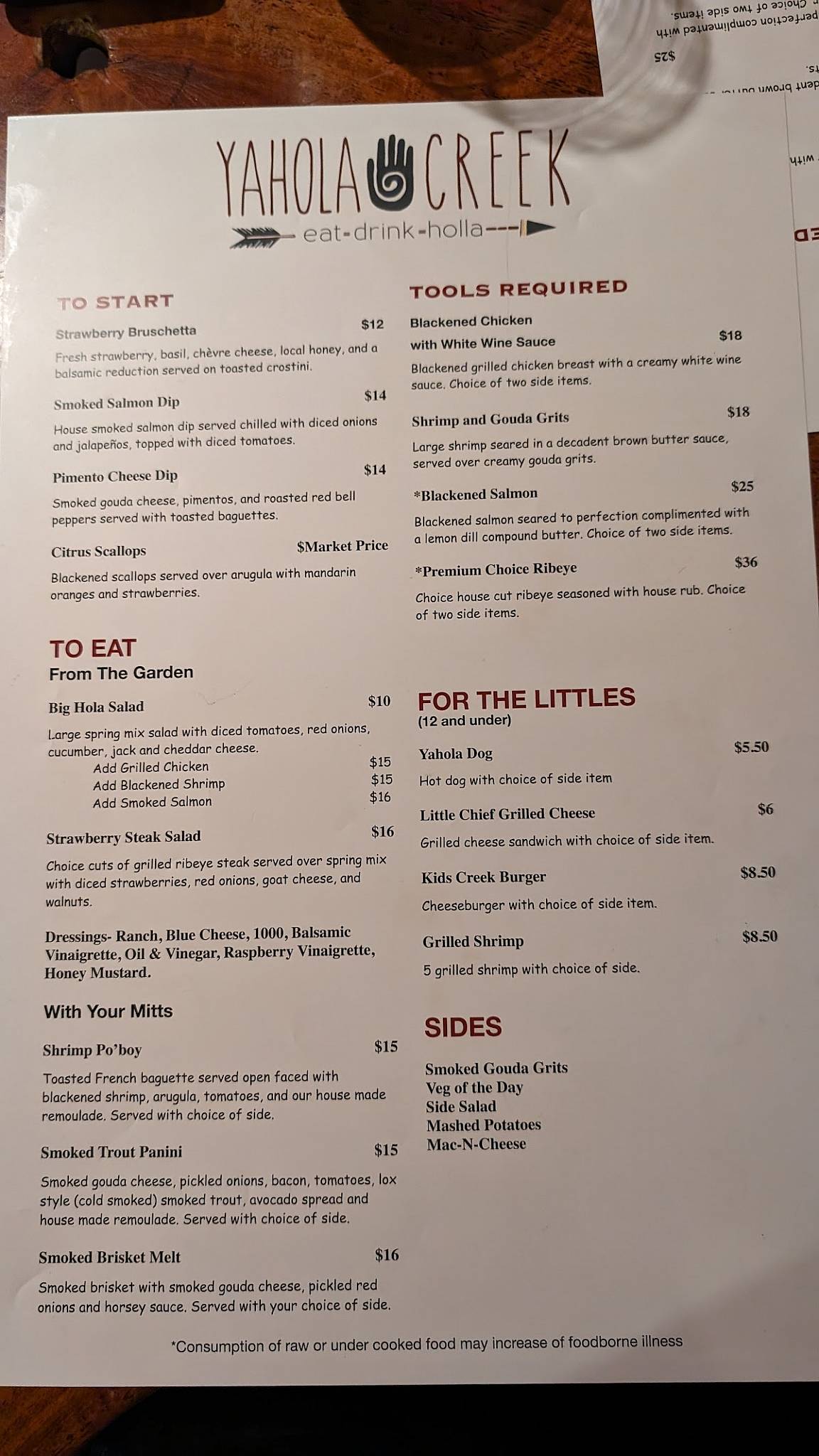 Menu at Yahola Creek Restaurant, Flovilla
