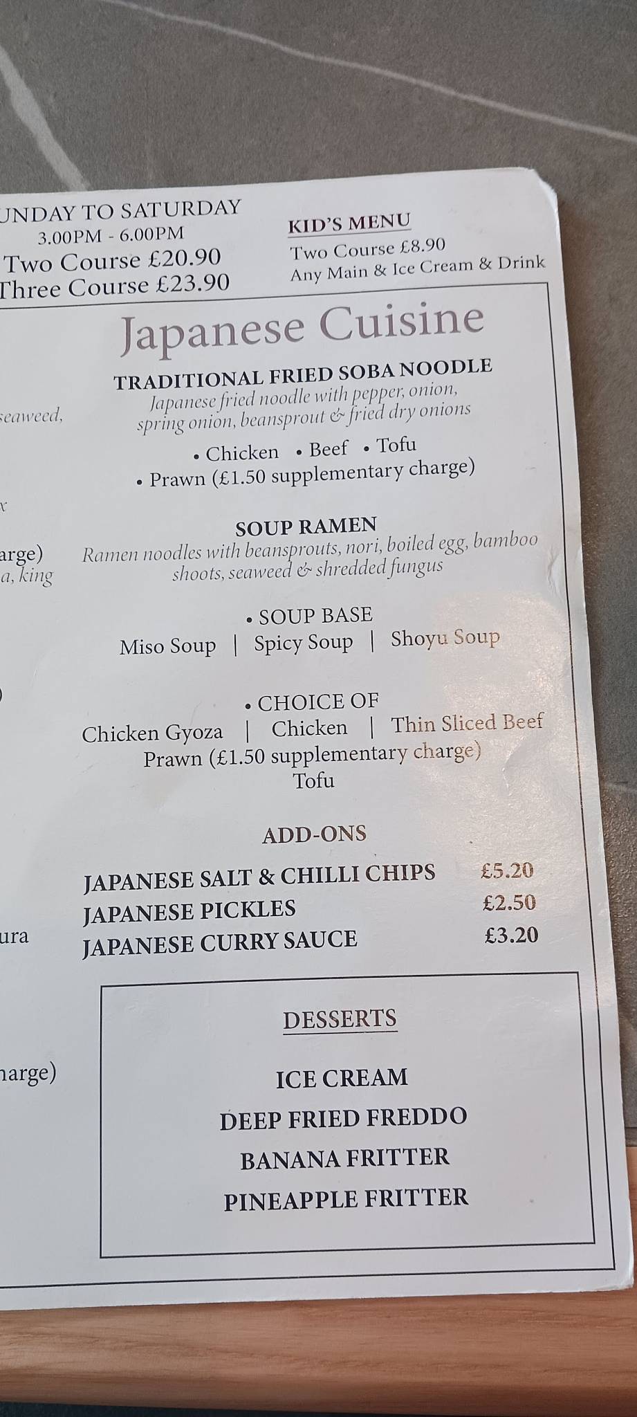 Menu at Yakitori House restaurant, Glasgow