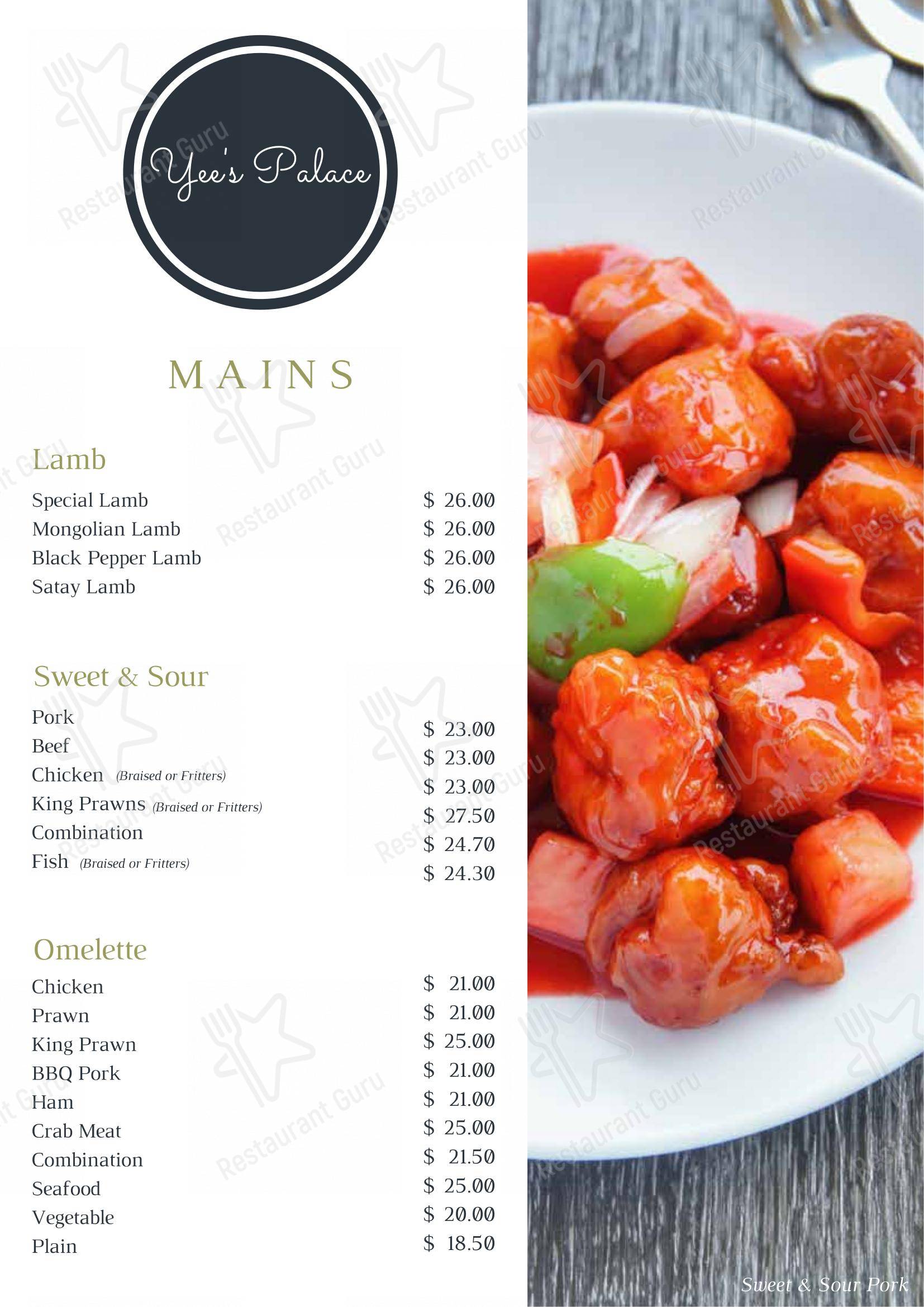Menu at Yee's Palace Chinese Restaurant, Rouse Hill