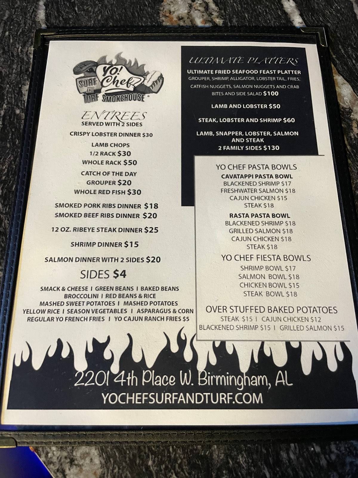 Menu at Yo Chef Surf and Turf Smokehouse restaurant, Birmingham