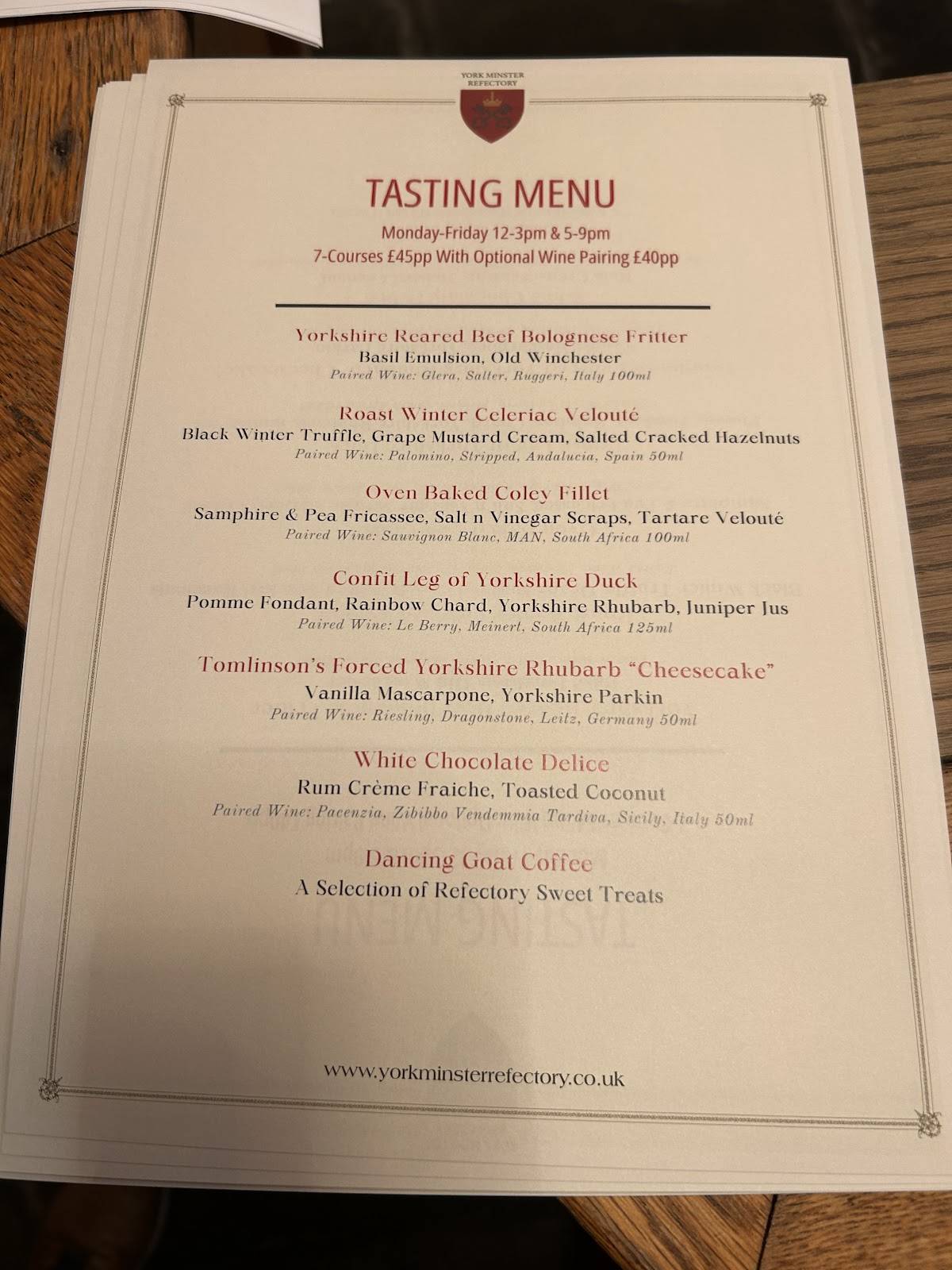 Menu at York Minster Refectory restaurant, York