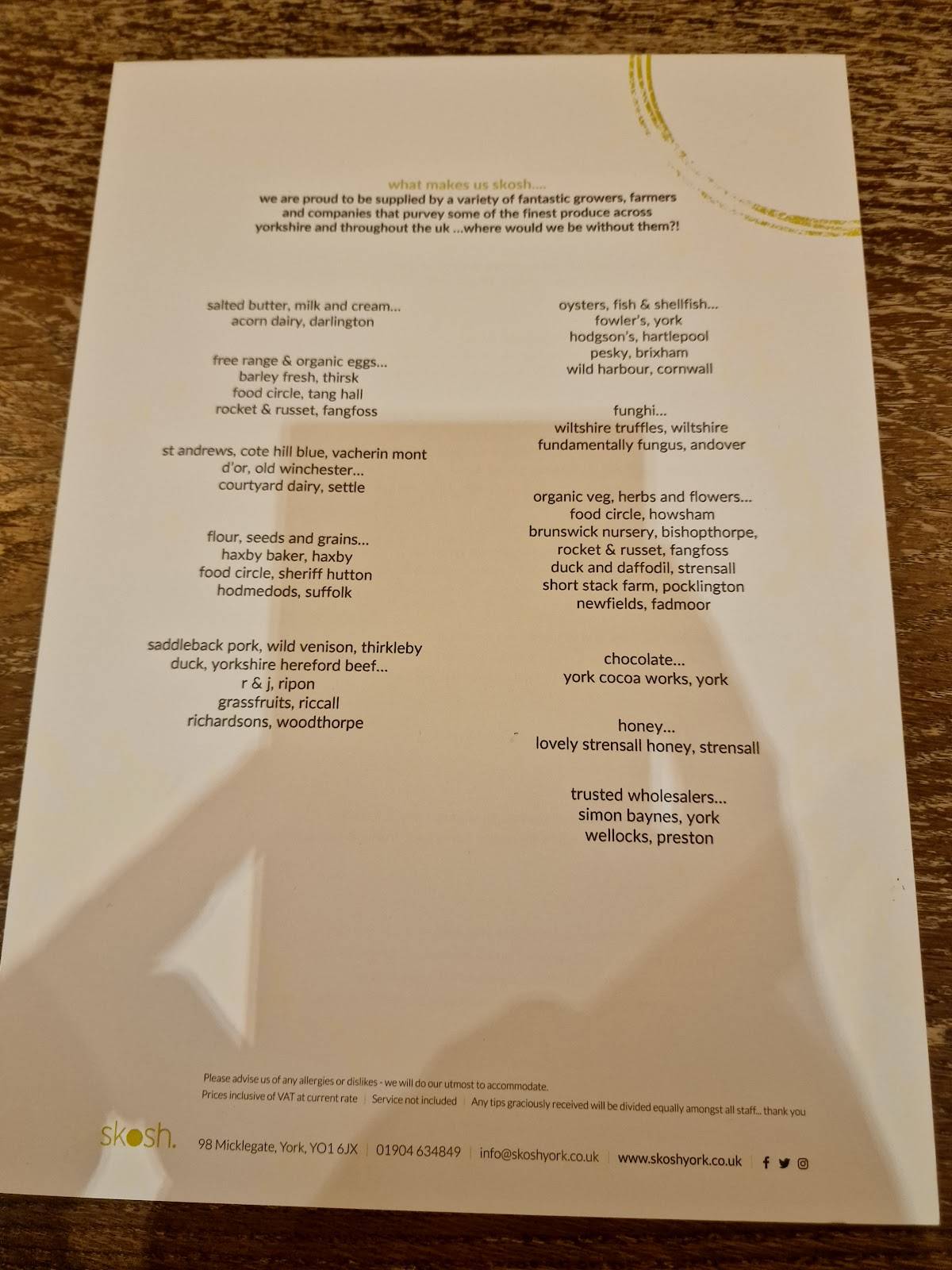 Menu at Skosh restaurant, York