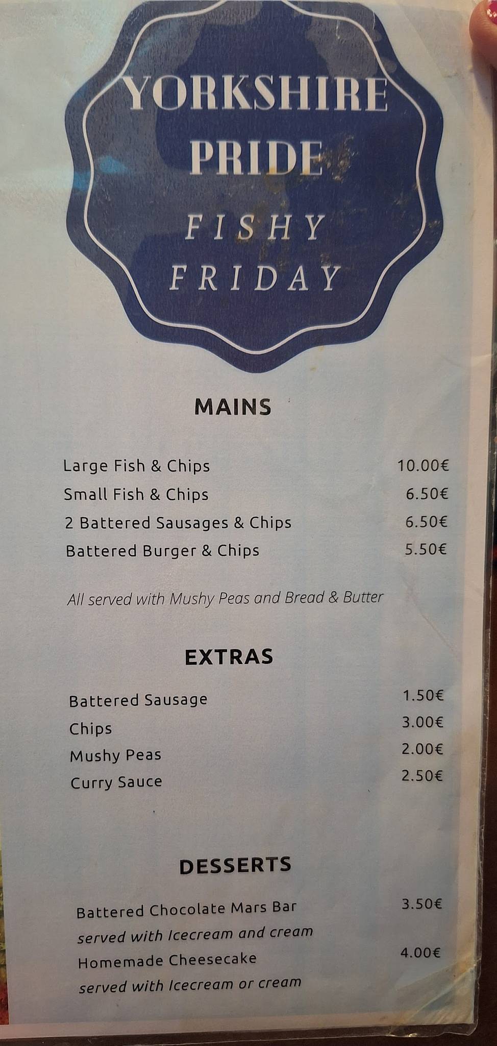 Menu at Yorkshire Pride 1 pub & bar, Benidorm