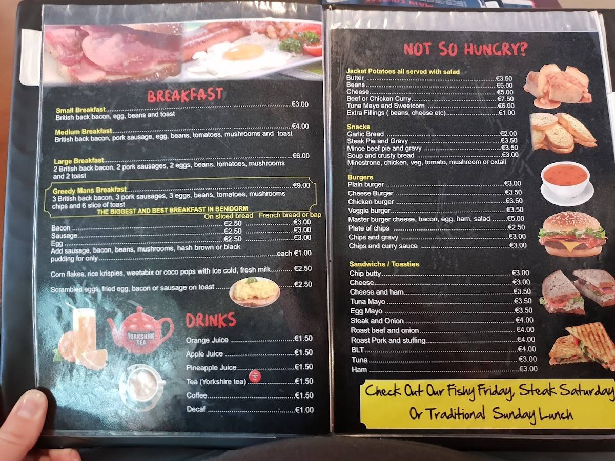 Menu at Yorkshire Pride 1 pub & bar, Benidorm