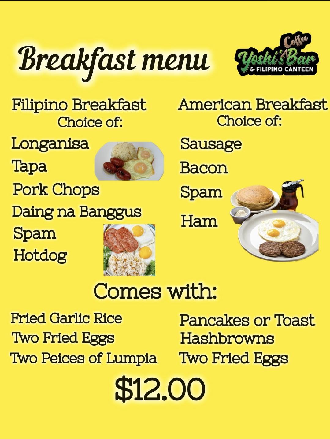 Carta de Yoshi's Coffee Bar & Filipino Canteen, Davenport