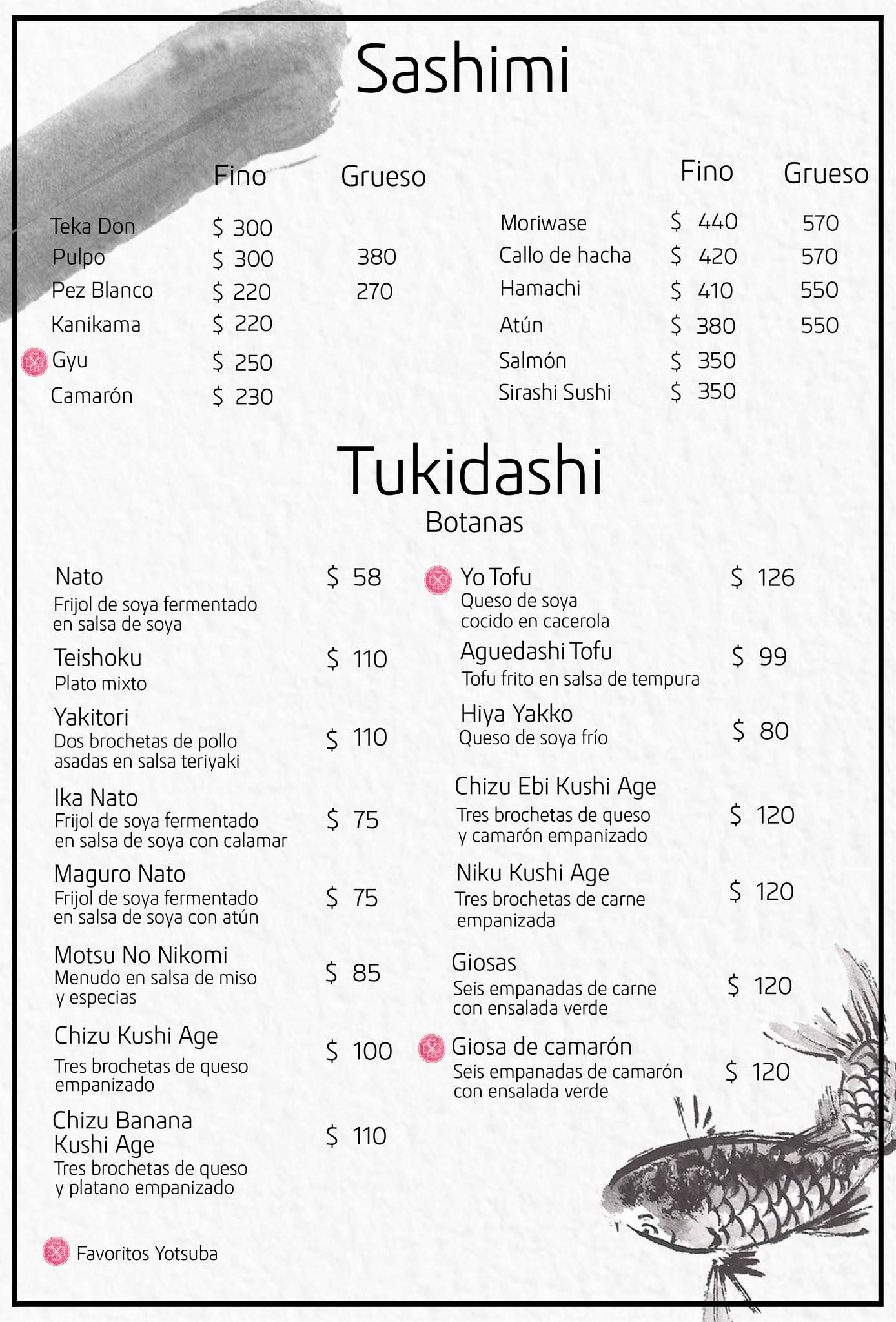 Carta del restaurante Yotsuba Sushi Norte, Aguascalientes, Plaza Privilege