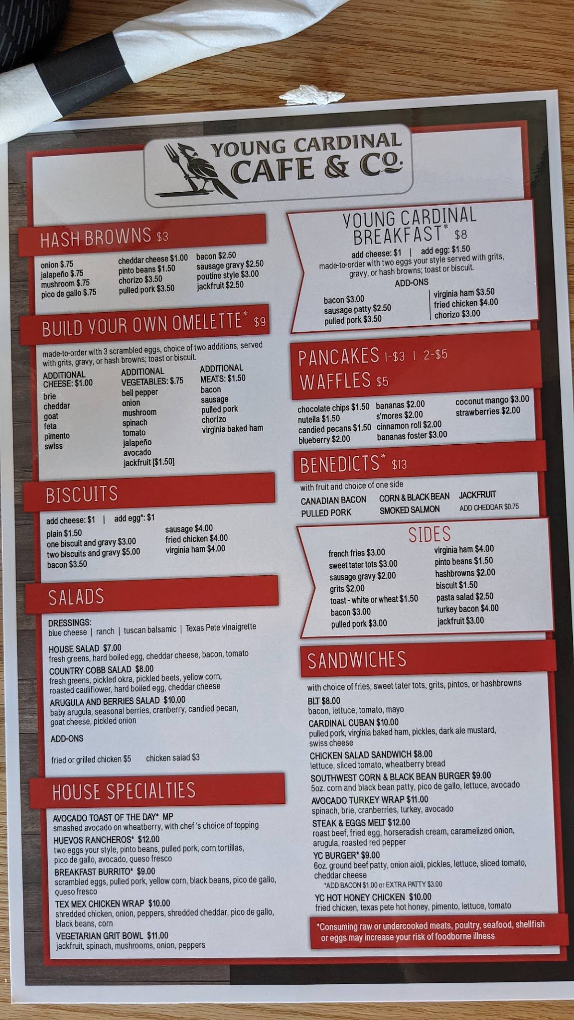 Menu at Young Cardinal Cafe and Co., Winston-Salem