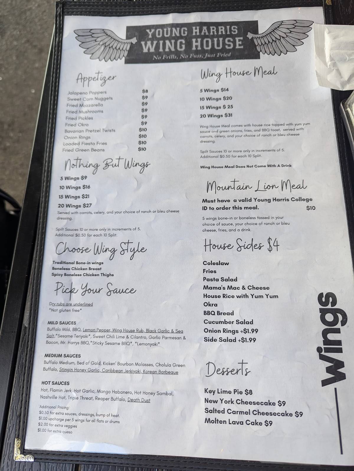 Menu at Young Harris Wing House restaurant, Young Harris