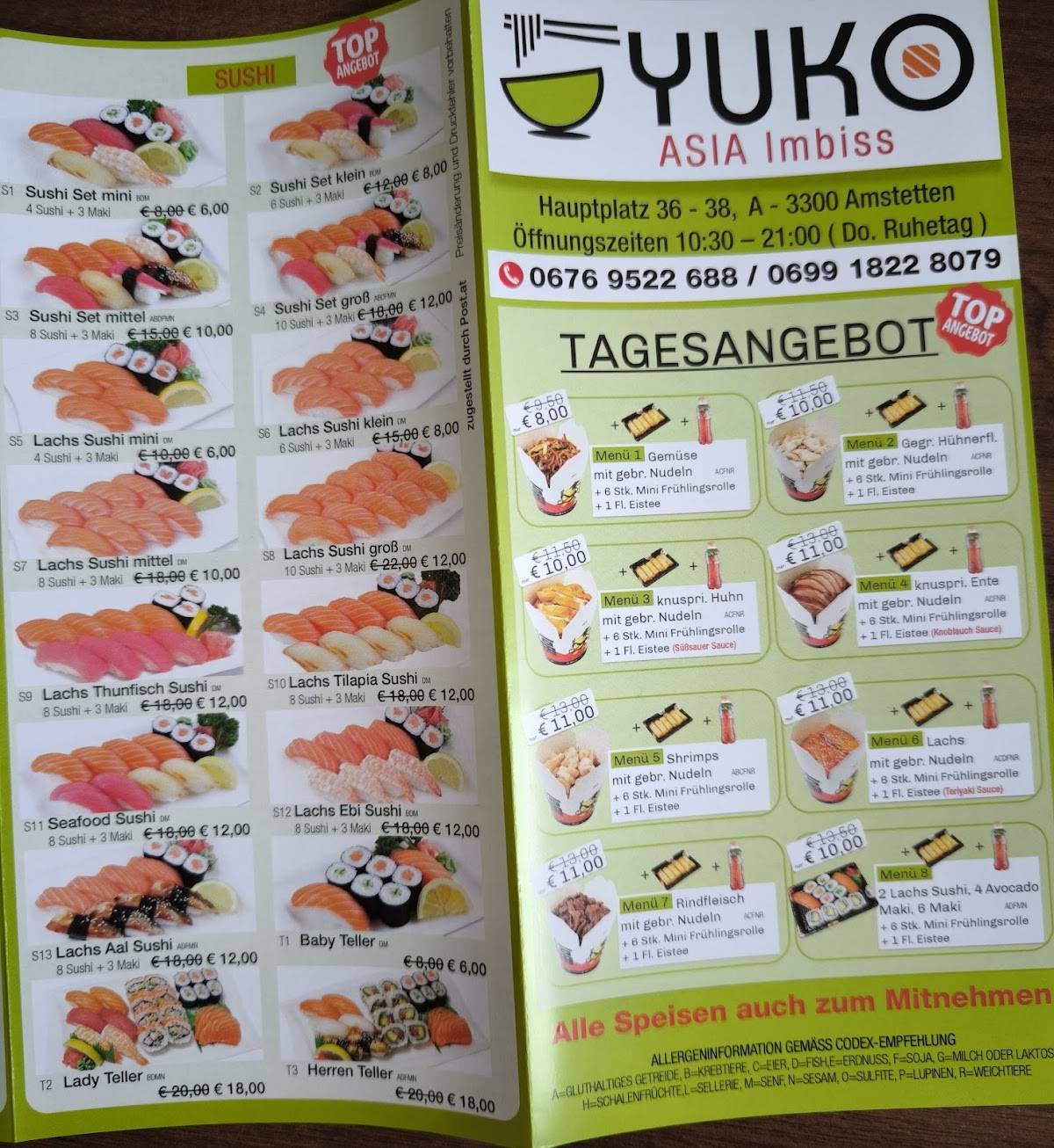Speisekarte von Yuko ASIA Imbiss restaurant, Amstetten