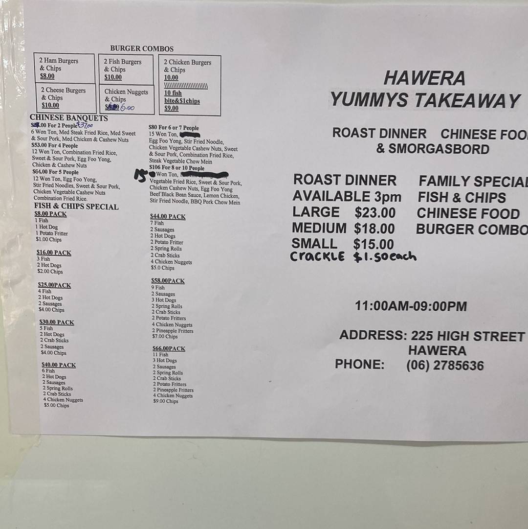 Menu at Yummy's Takeaways restaurant, Hawera