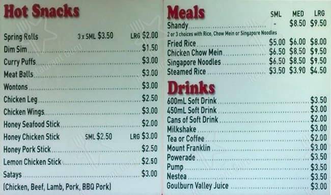 Menu at Yung Lees fast food, Kippa-Ring