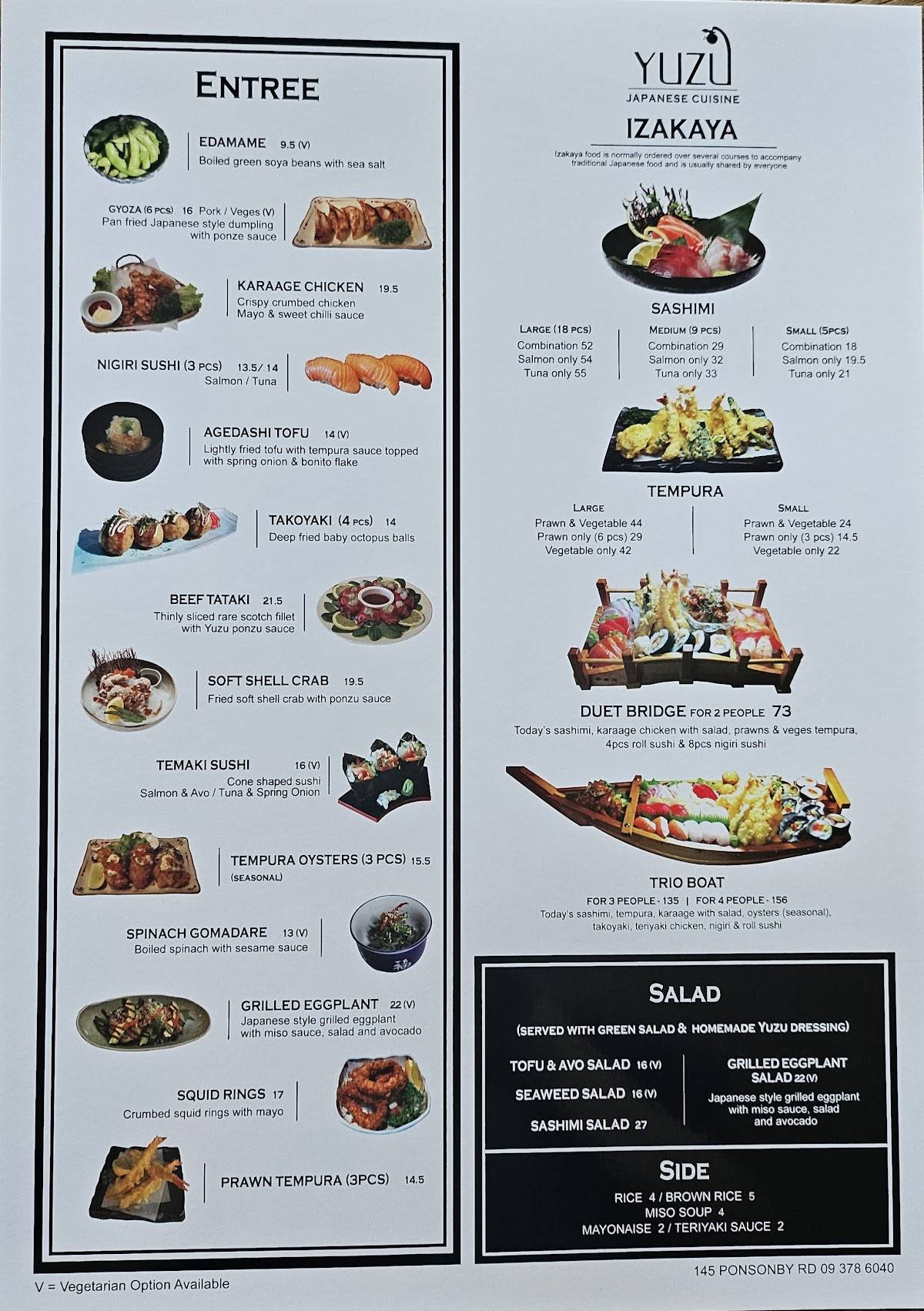 Menu at Yuzu Japanese Restaurant, Auckland, 145 Ponsonby Rd