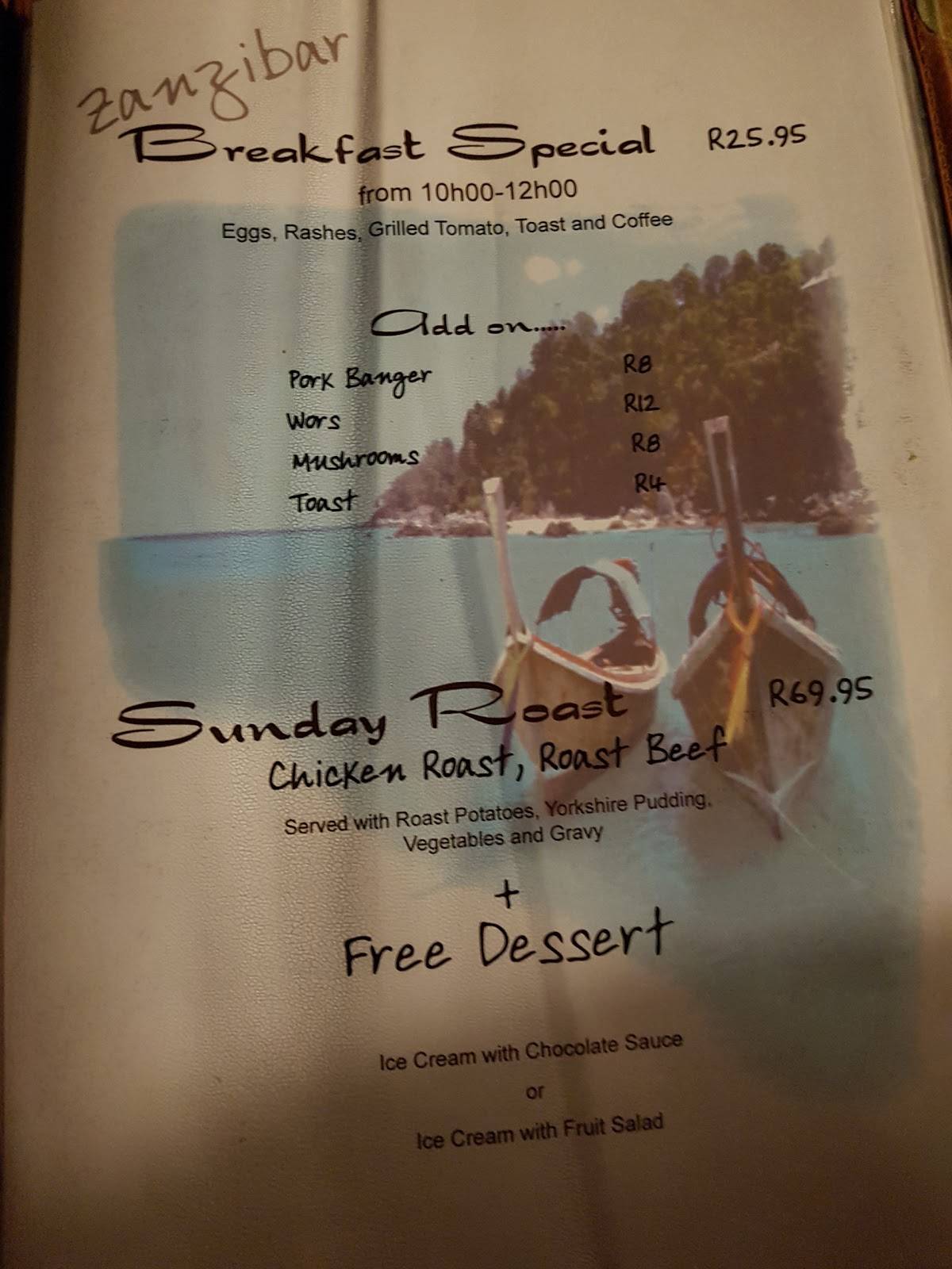 Menu at ZANZIBAR RESTAURANT COCKTAIL & SUSHIBAR, Amanzimtoti