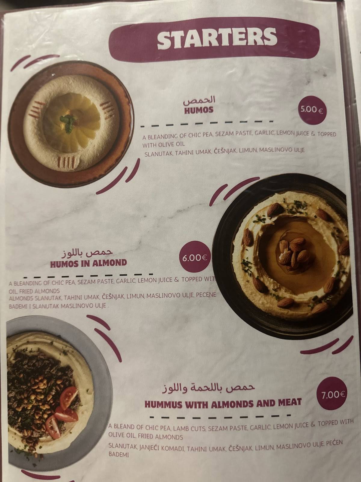 Menu at Aladdin cave Arabic restaurant, Zagreb