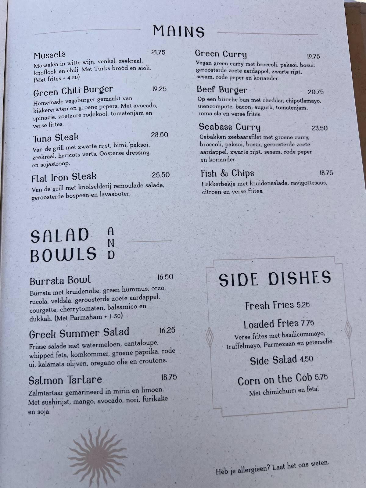 Menu at Hippie Fish, Zandvoort
