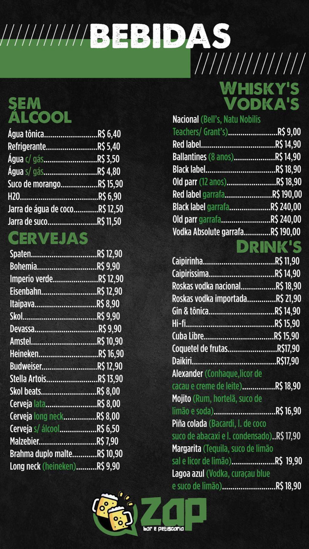 Menu em Zap Bar e Petiscaria - Drinks e Musicas, Salvador