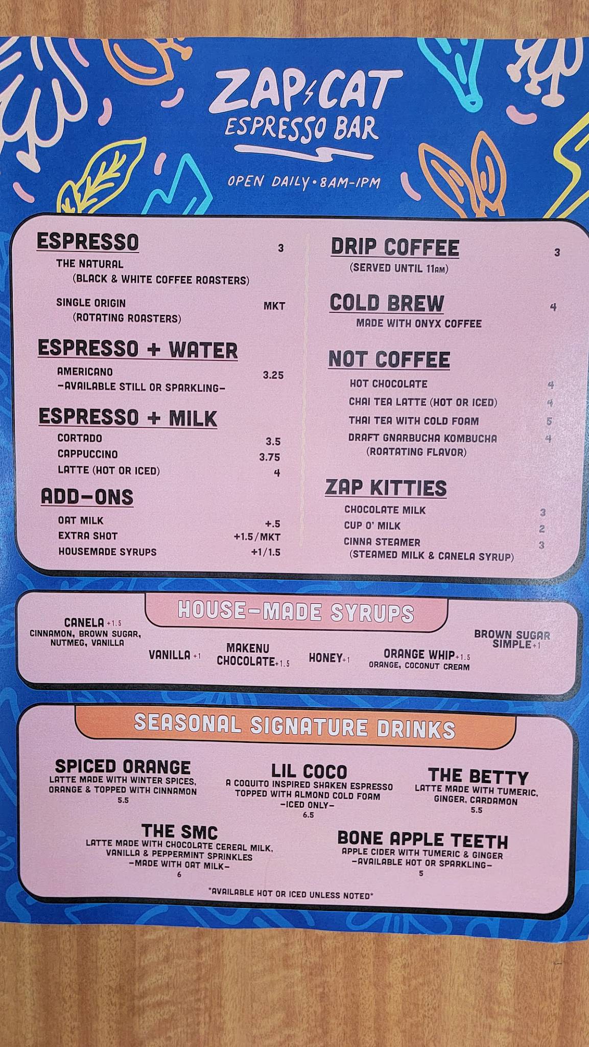 Menu at Zap Cat Espresso Bar, Atlantic Beach