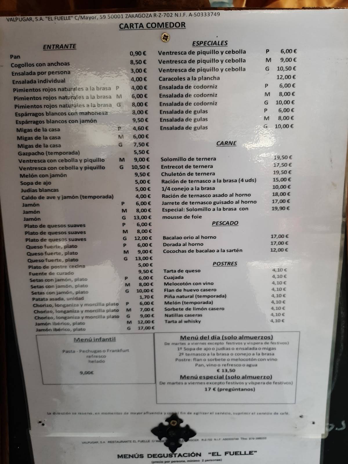 Carta de Restaurante El Fuelle, Zaragoza, Cl. Mayor