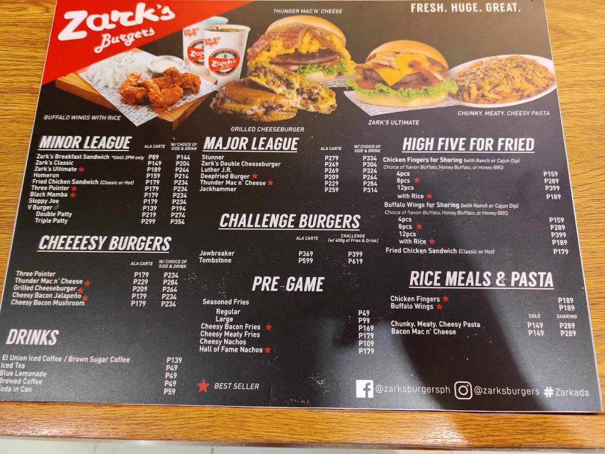 Menu at Zark's Burgers restaurant, Bacoor, 9XMG+GQR Rfc