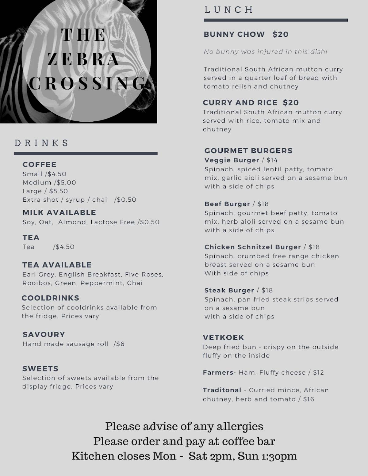 Menu at Zebra Crossing cafe, Maroochydore