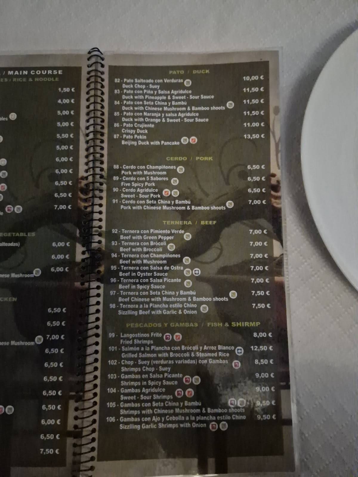 Menu at Zen restaurant, Rota