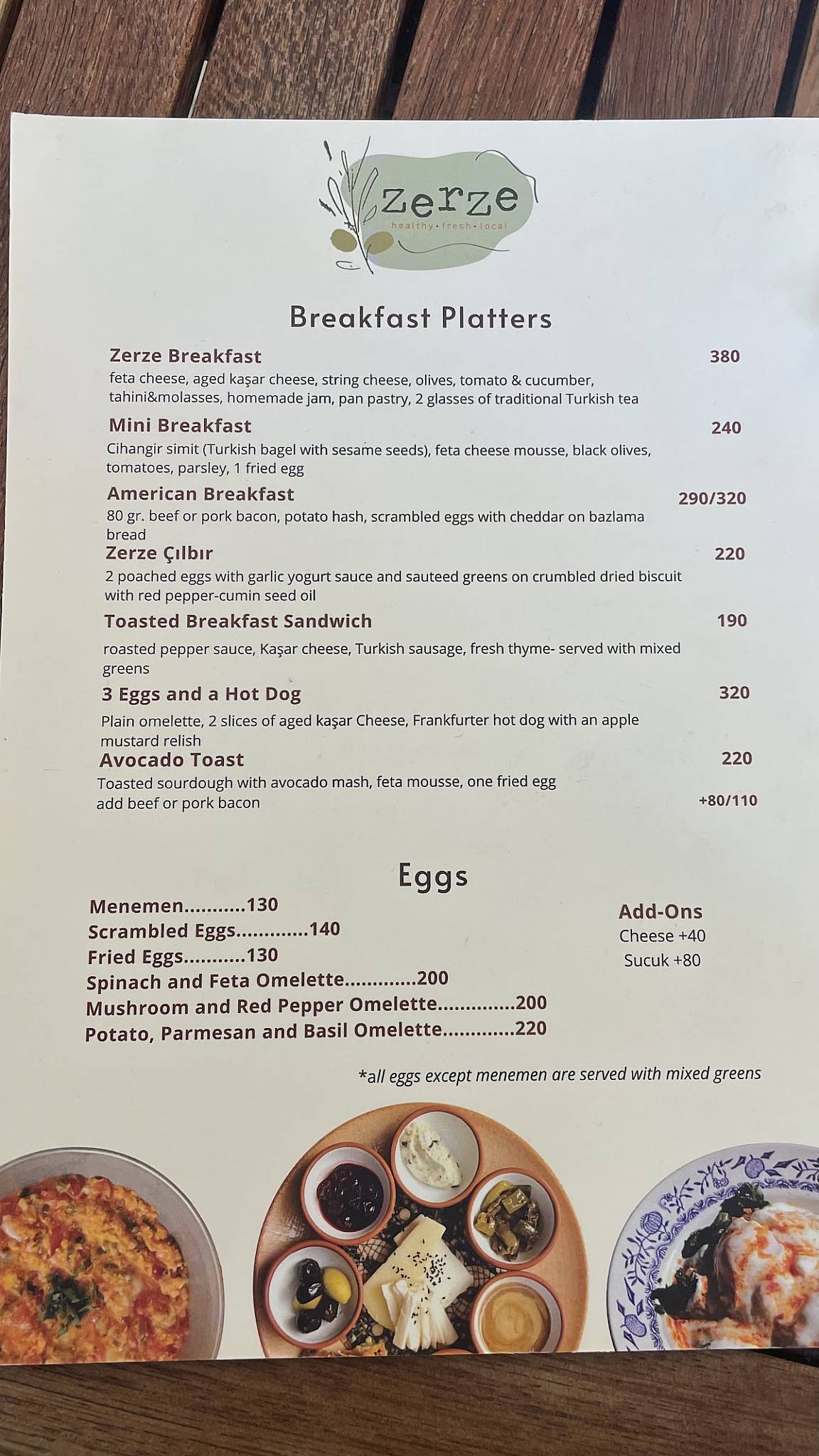 Menu at Zerze, Istanbul