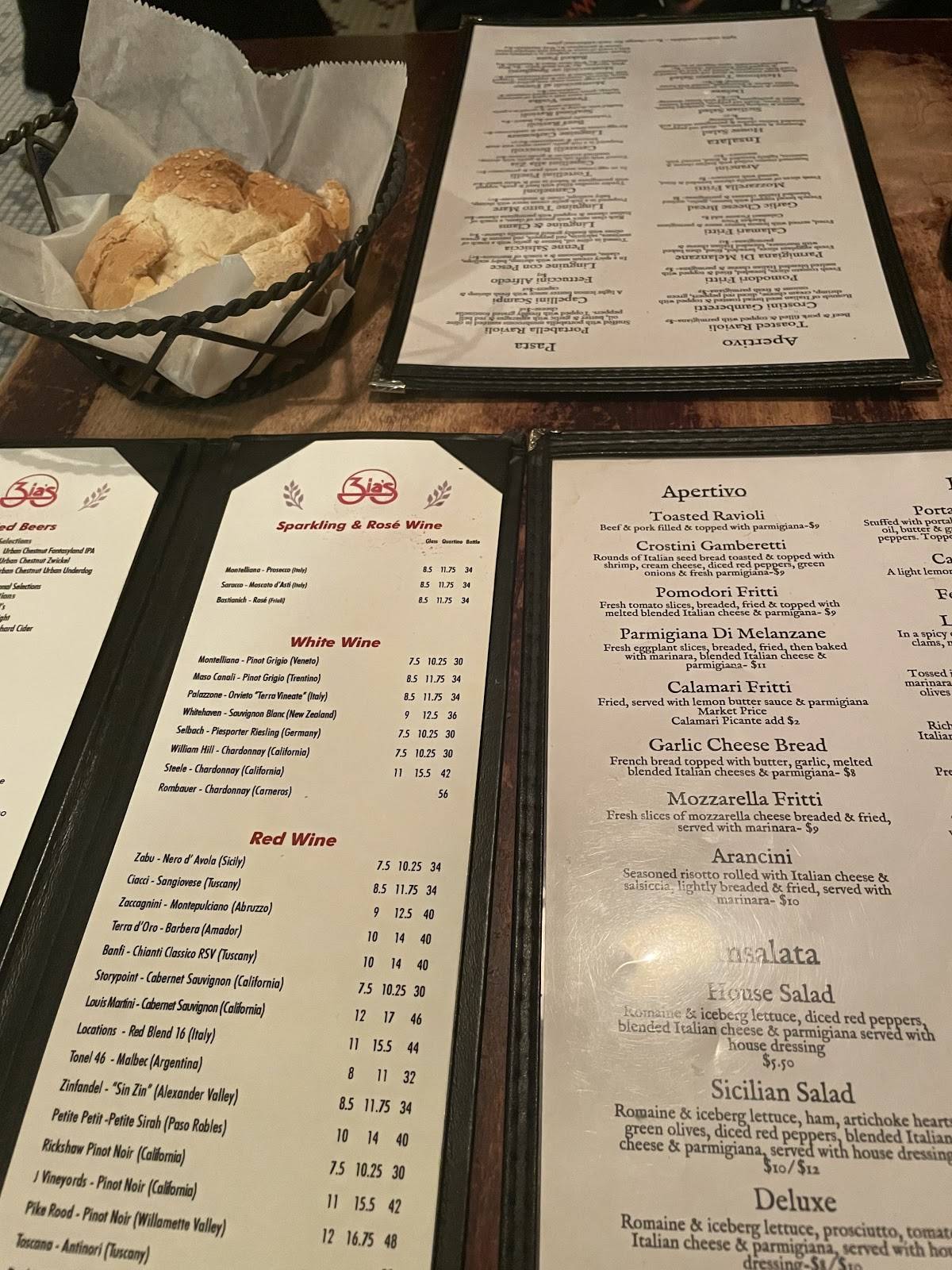 Menu at Zia's on The Hill restaurant, St. Louis