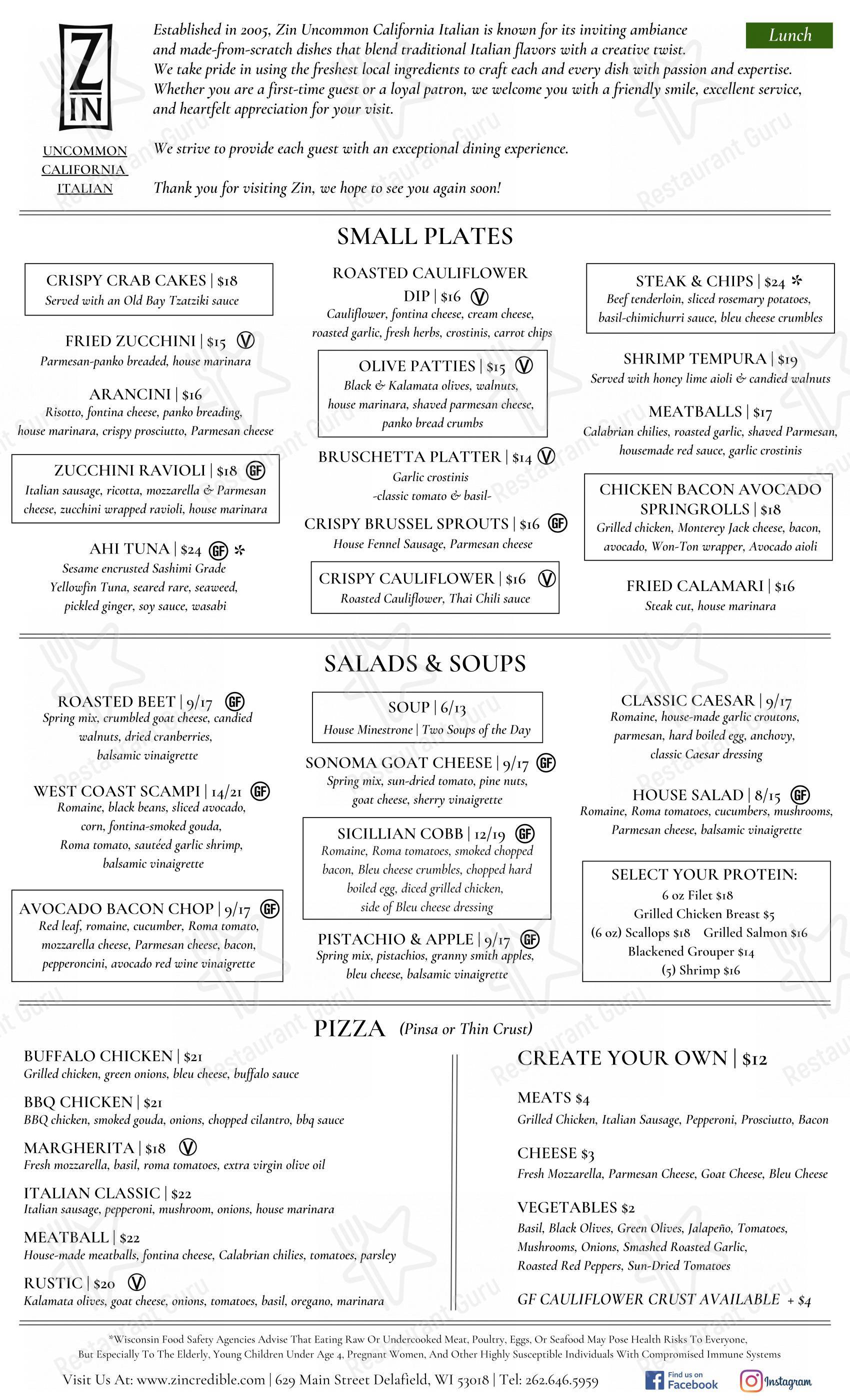 Menu at Zin - Uncommon California Italian pub & bar, Delafield