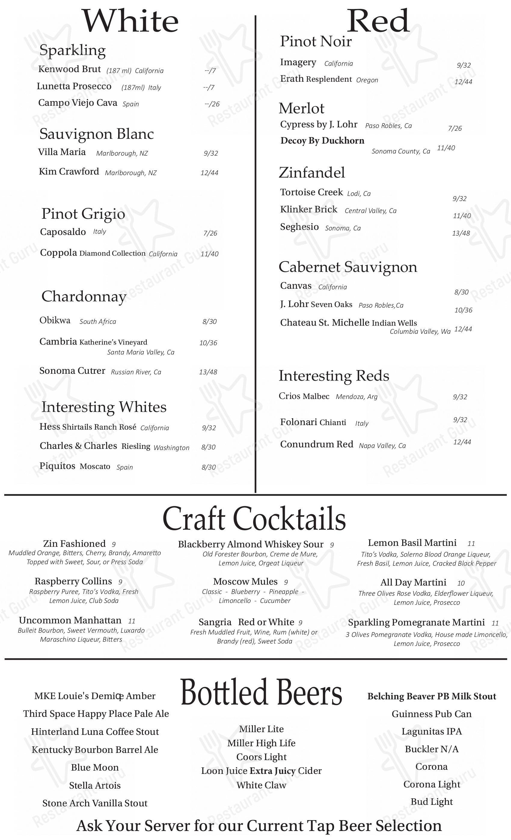 Menu at Zin - Uncommon California Italian pub & bar, Delafield