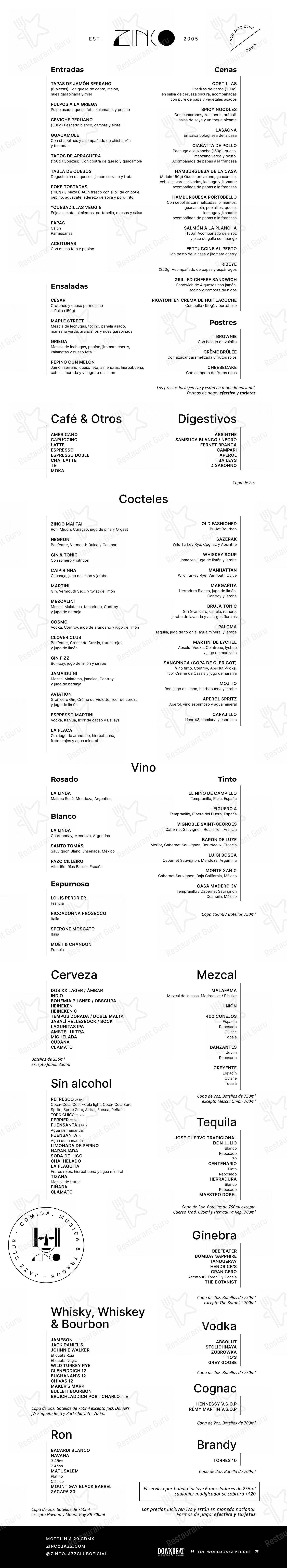 Menu at Zinco Jazz Club, Mexico City, Motolinia 20 Colinia Centro