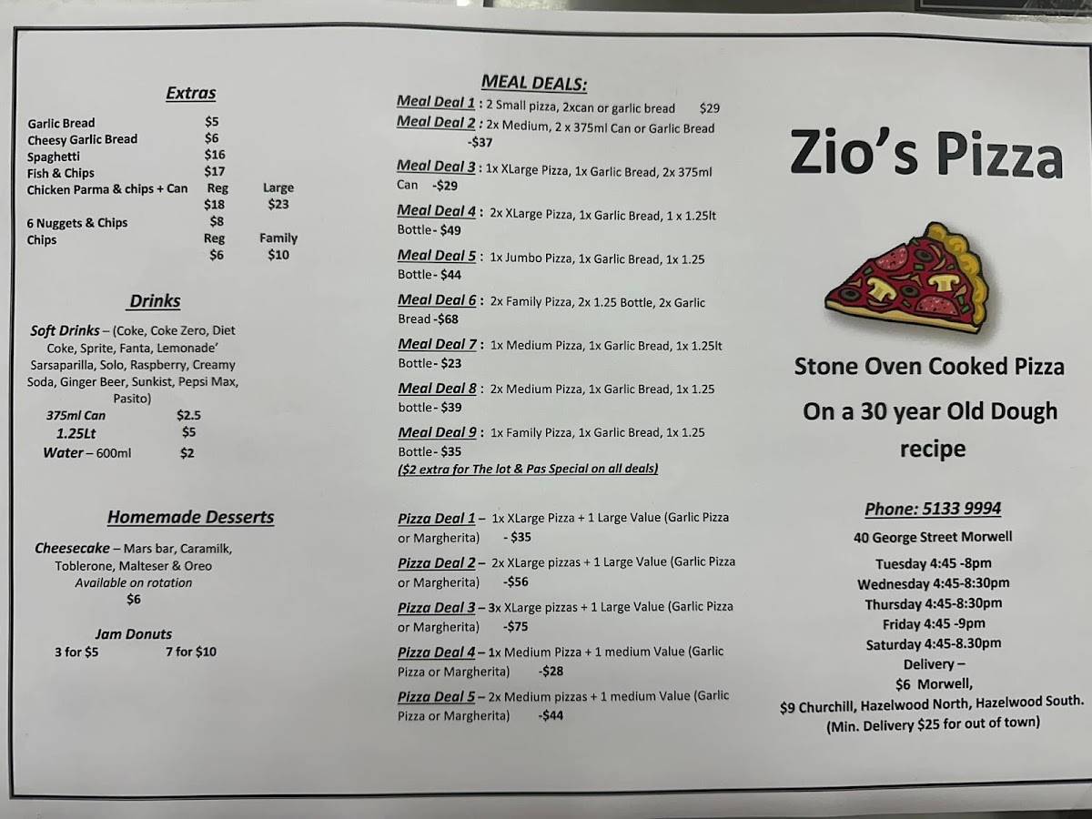 Menu at Zio's Stone Oven Pizzeria, Morwell