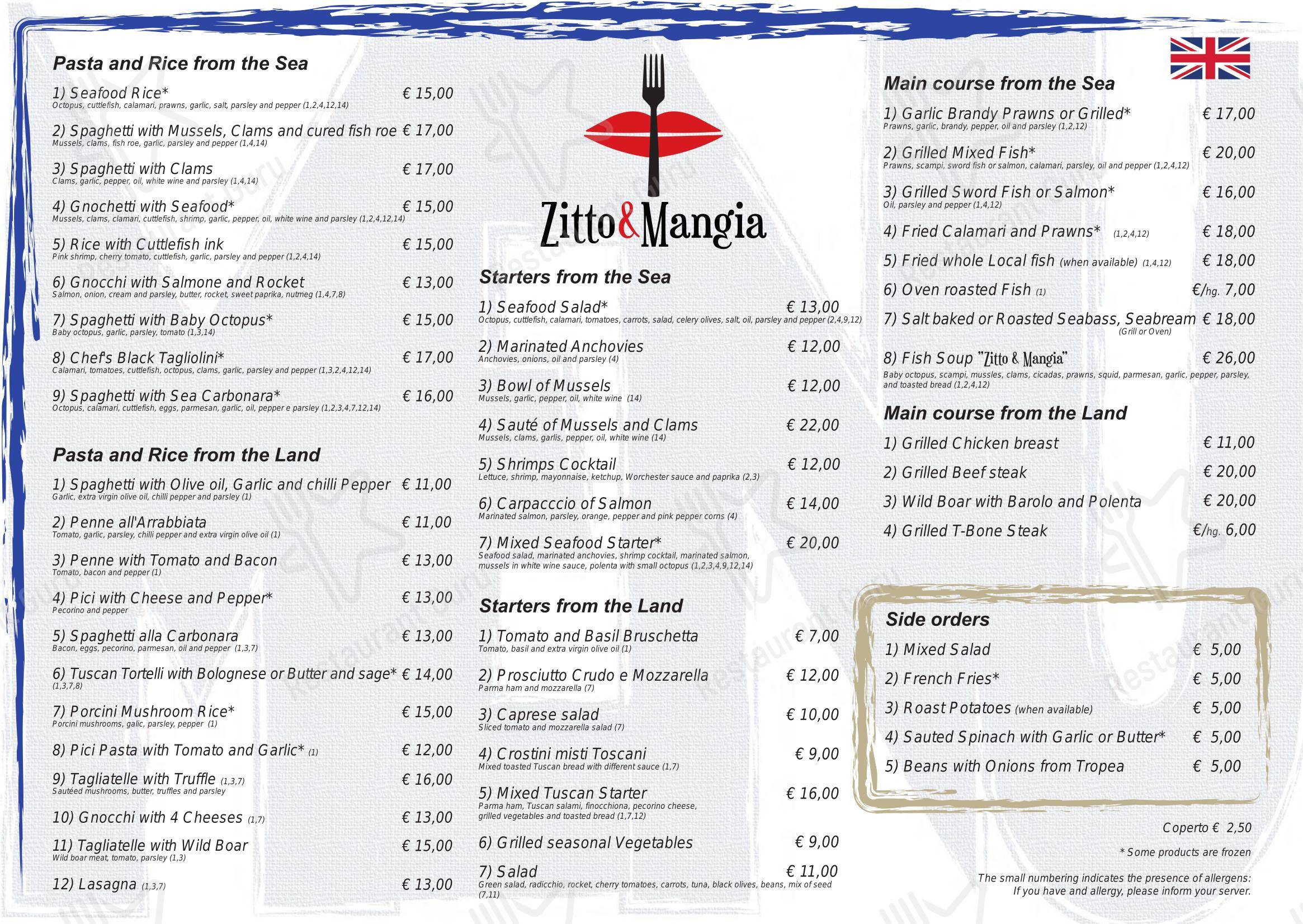 Speisekarte von Zitto e Mangia Restaurant, Castiglione della Pescaia