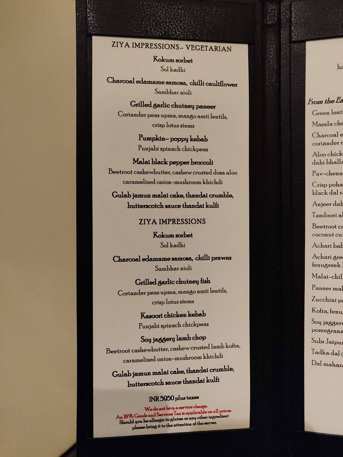 Menu at Ziya Restaurant, Mumbai, The Oberoi