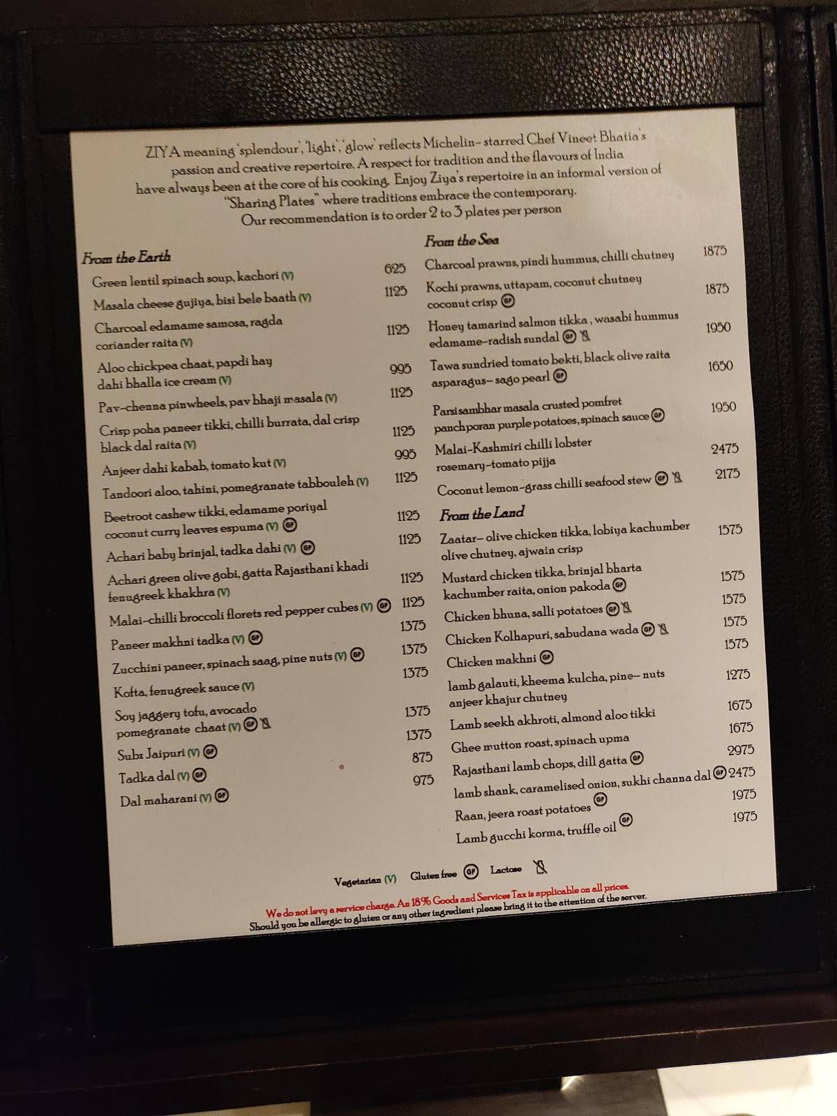 Menu at Ziya Restaurant, Mumbai, The Oberoi