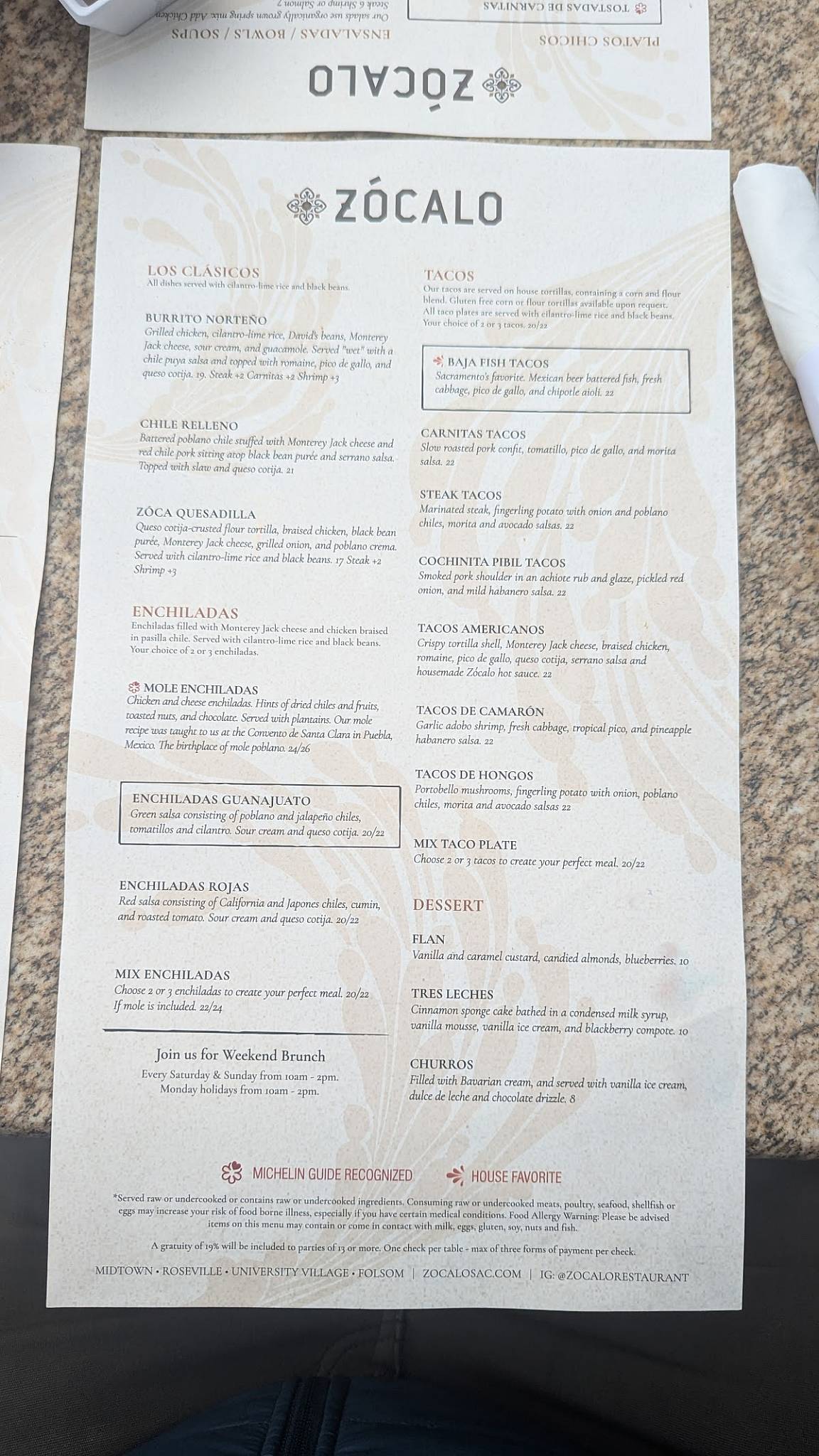 Menu at Zócalo Restaurant, Sacramento, Capitol Ave
