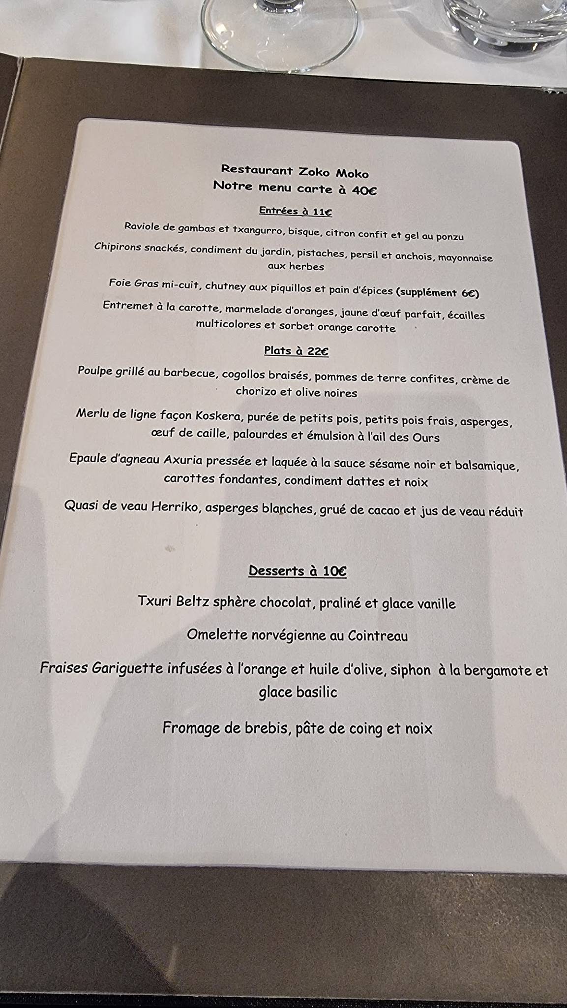 Carta del restaurante Zoko Moko, San Juan del Luz