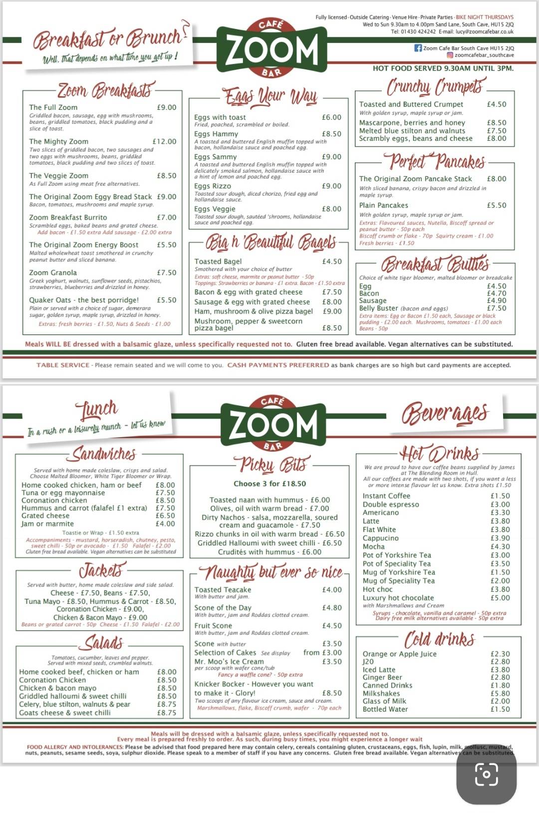 Menu at Zoom Cafe Bar, South Cave