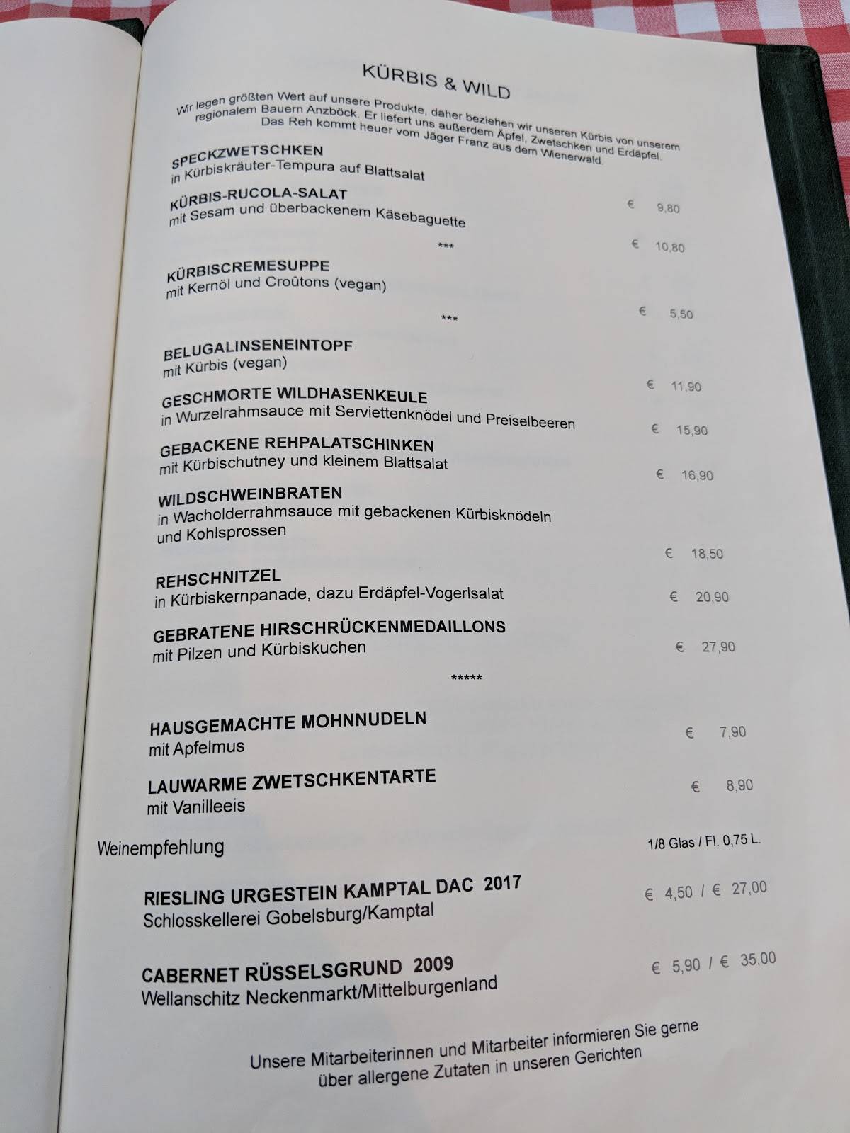 Menu au Zum Martin Sepp restaurant, Vienne