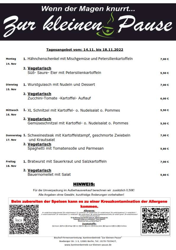 Speisekarte von Zur kleinen Pause cafeteria, Berlin, Boxberger Str. 1-3
