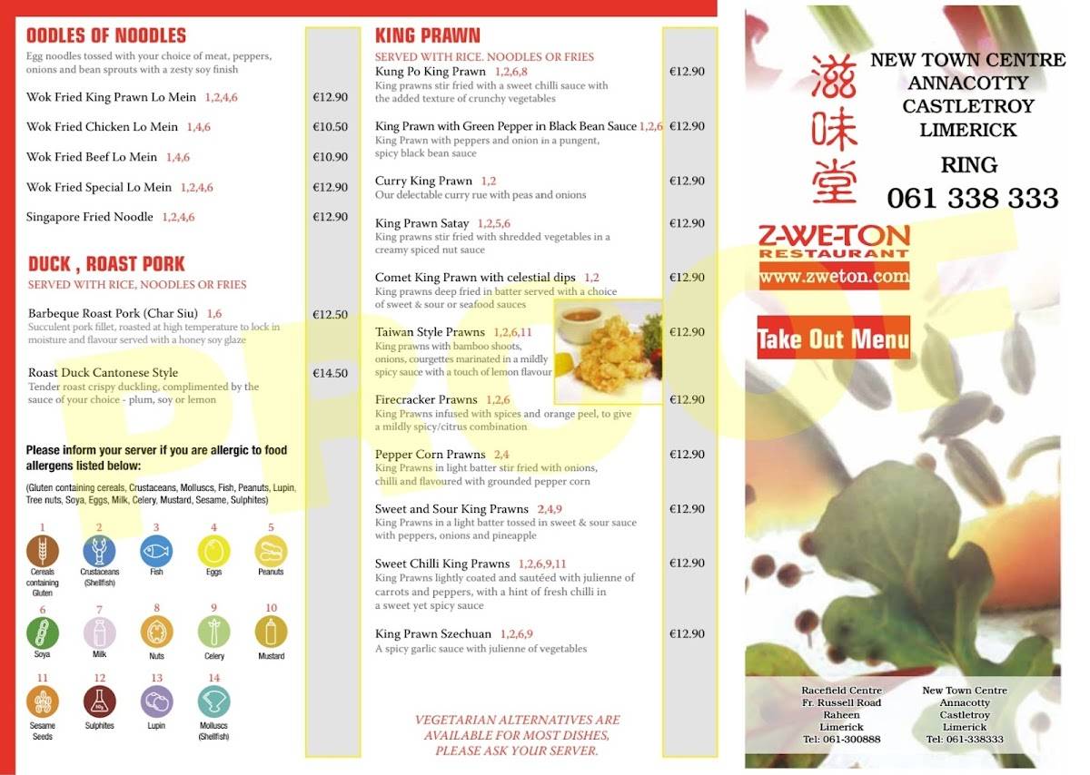 Menu at Zweton ANNACOTTY/CASTLETROY Restaurant, Annacotty, Newtown Centre