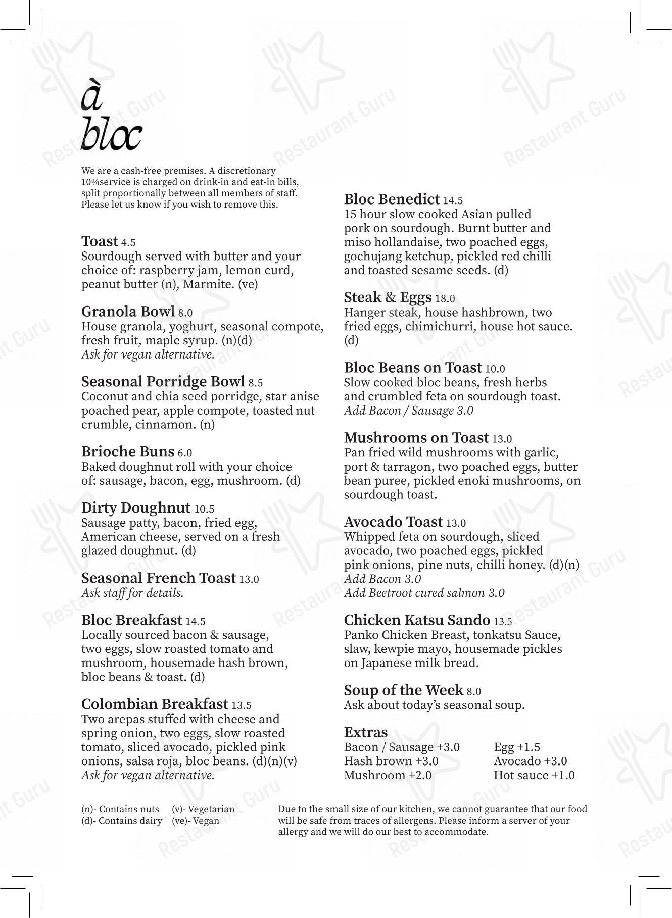 Menu at à bloc restaurant, Altrincham