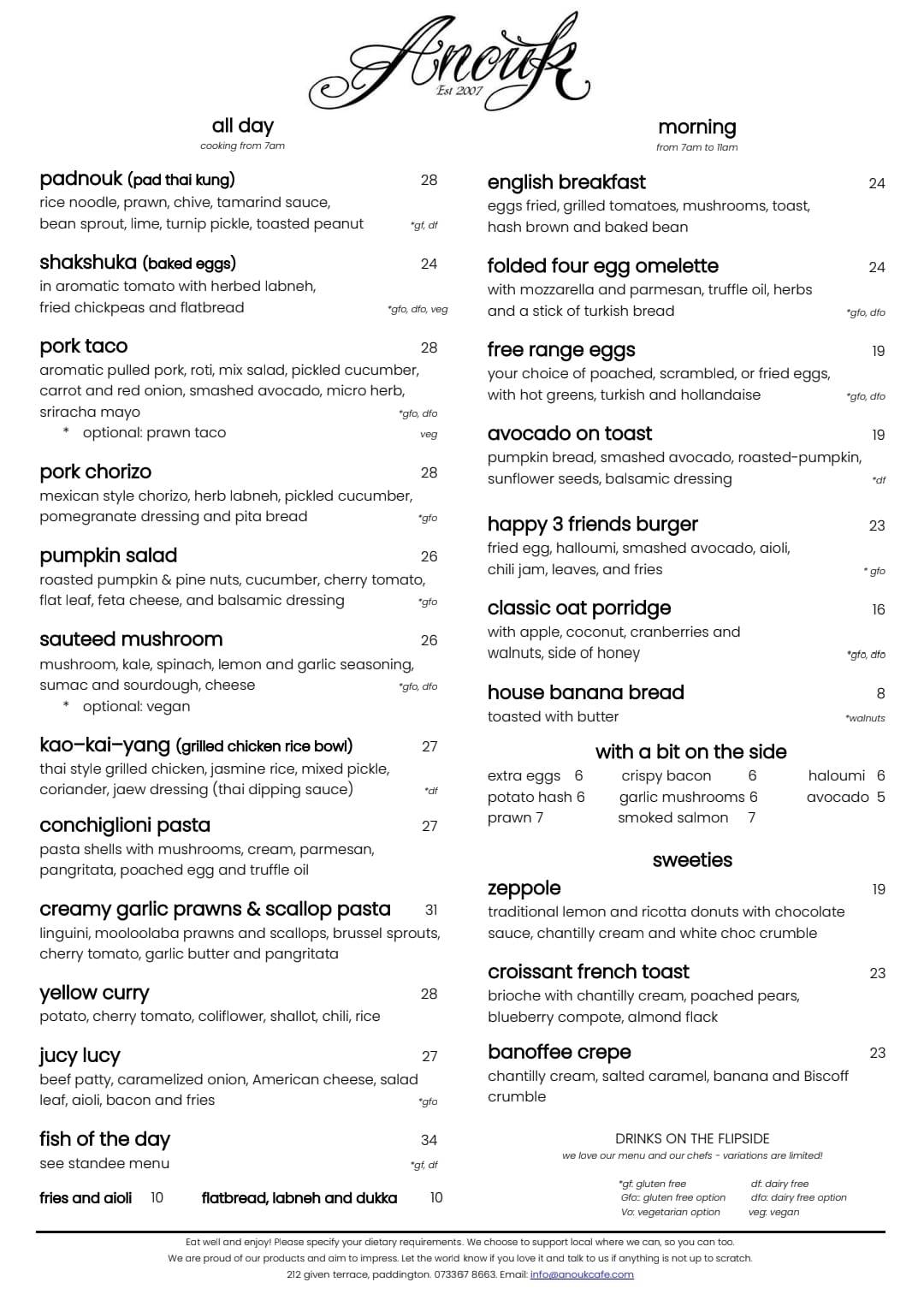 Menu at Anouk Café restaurant, Paddington