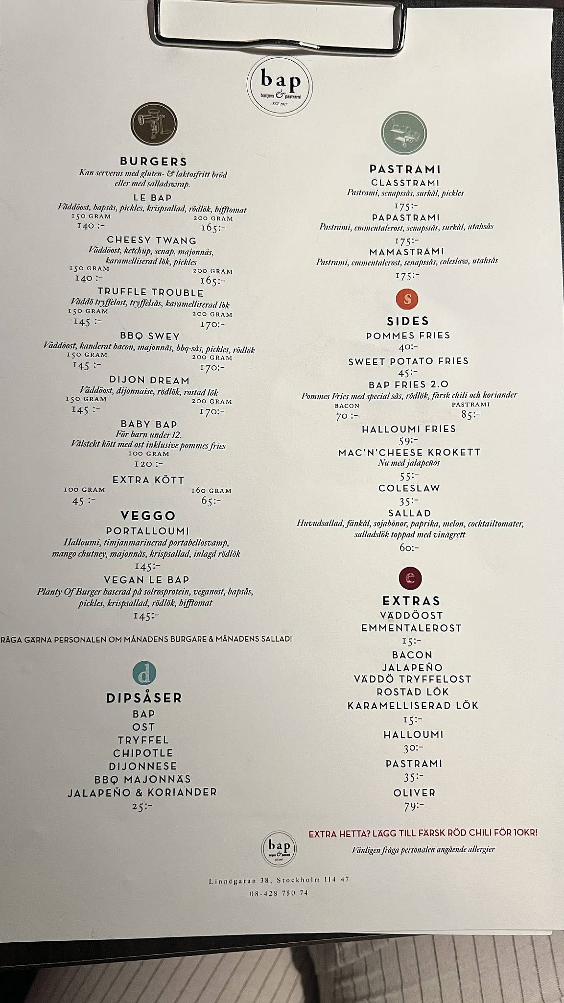 Menu at bap - Burgers & Pastrami fast food, Stockholm