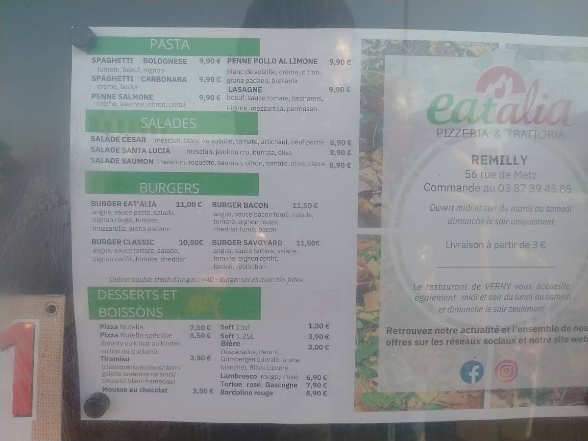 Menu au eat'alia restaurant, Rémilly