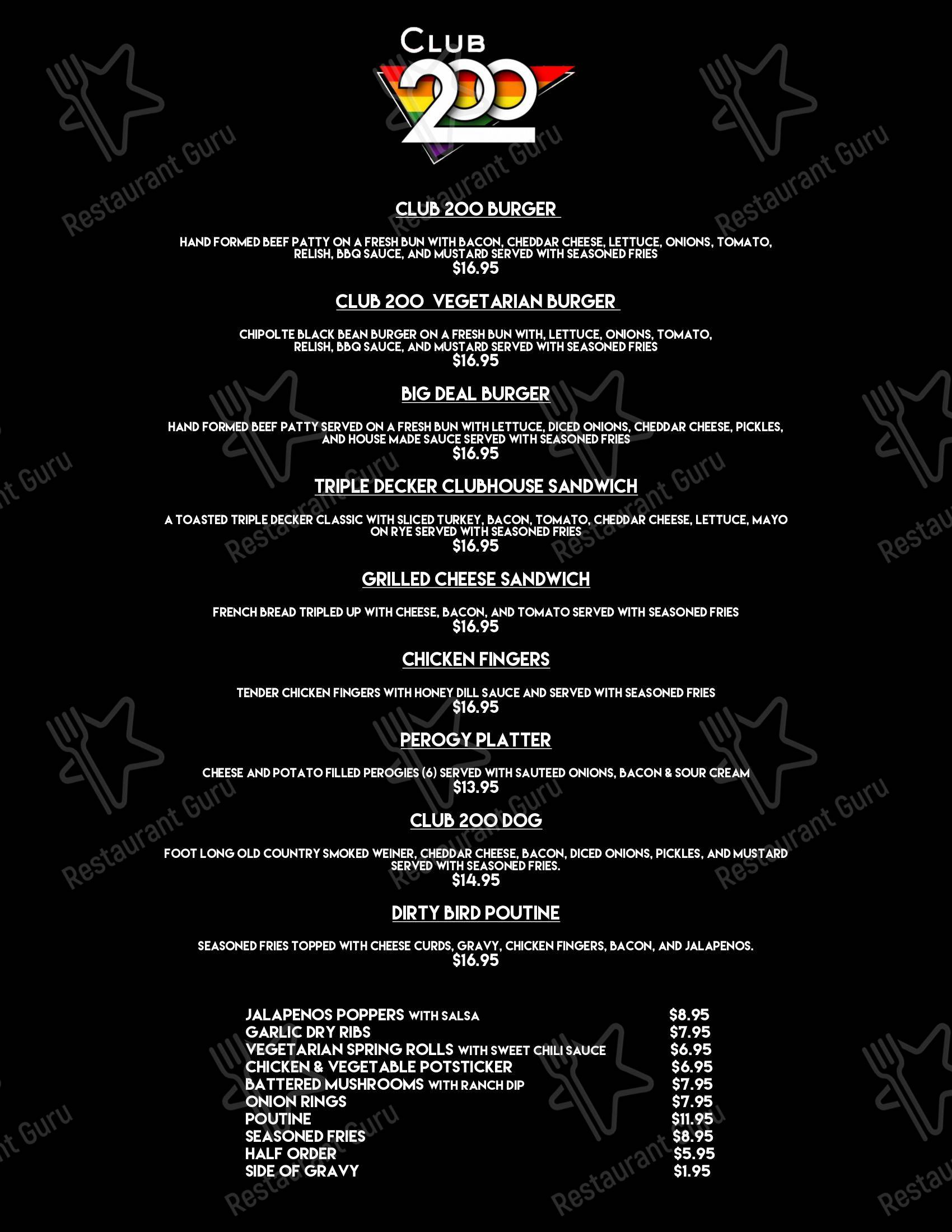 Menu at Club 200, Winnipeg, 190 Garry St