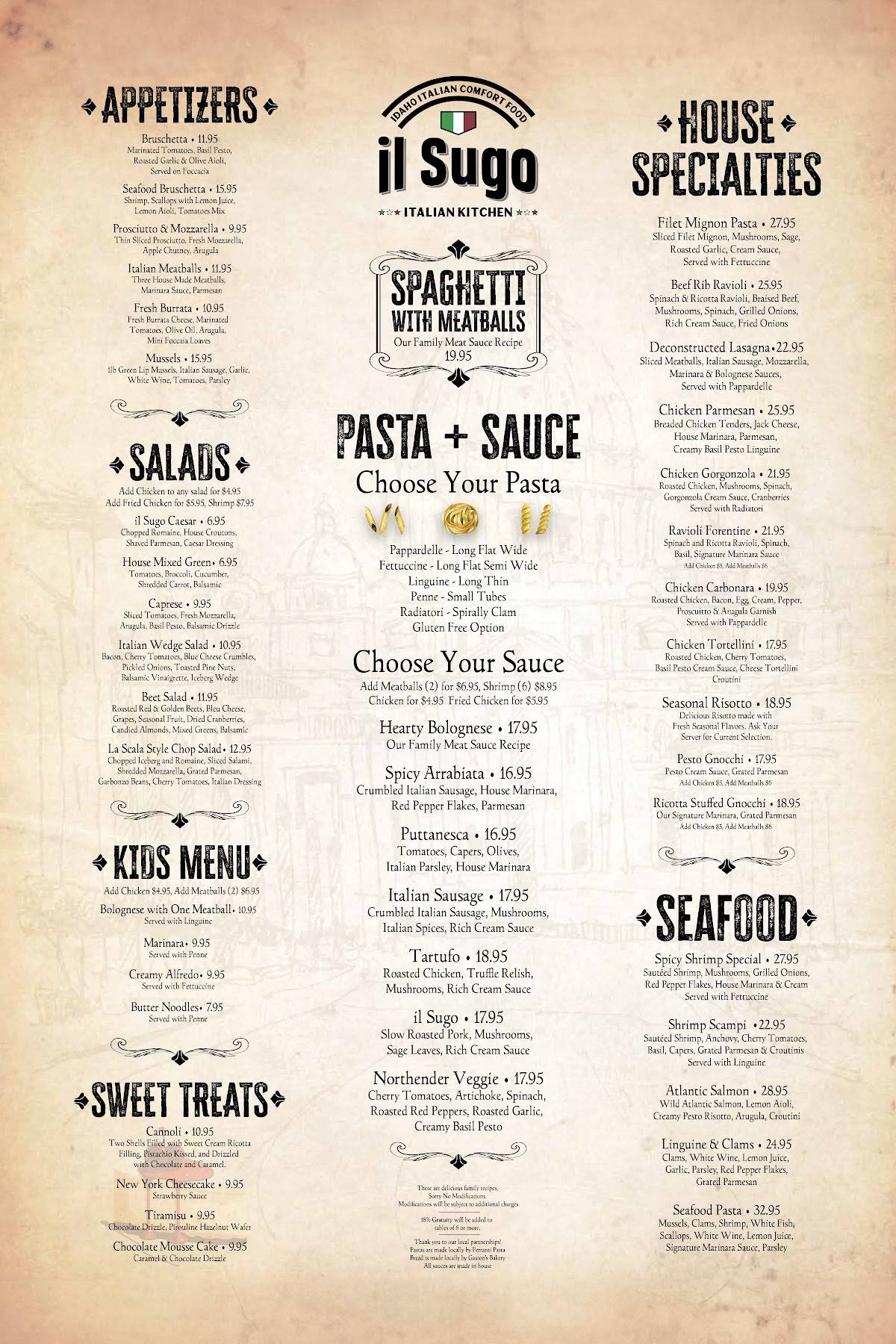 Menu at il Sugo Italian Kitchen restaurant, Meridian